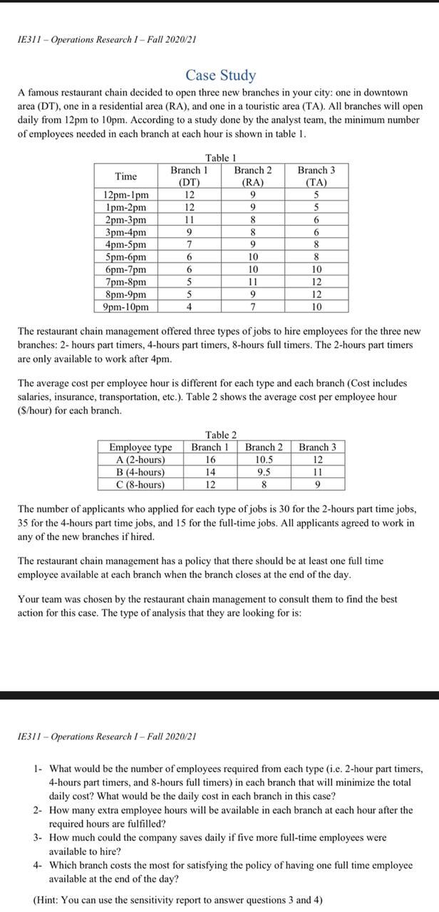 IE311 - Operations Research 1 - Fall 2020/21 Case | Chegg.com