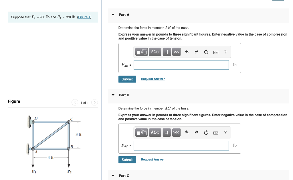 Solved Suppose that P1=960lb and P2=720lb. (Flgure 1) Part A | Chegg.com