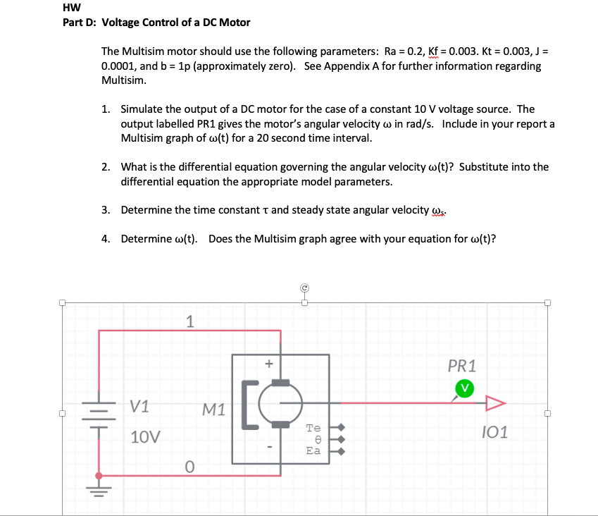 HW Part D: Voltage Control of a DC Motor The Multisim | Chegg.com