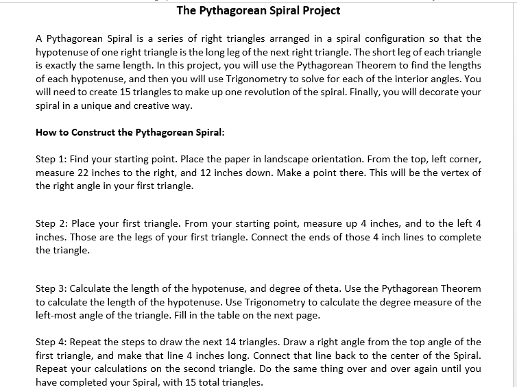 Solved The Pythagorean Spiral Project A Pythagorean Spiral | Chegg.com