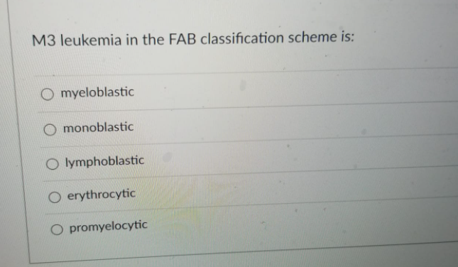 Solved M3 leukemia in the FAB classification scheme is: O | Chegg.com