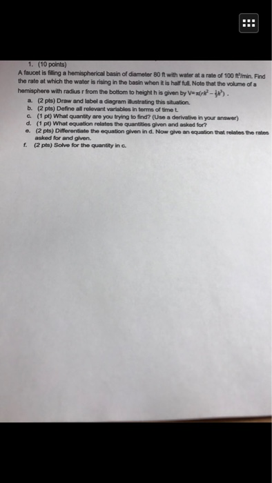 Solved A faucet is filling a hemispherical basin of diameter | Chegg.com