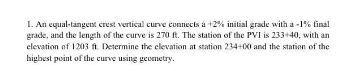 Solved An equal-tangent crest vertical curve connects a +2% | Chegg.com