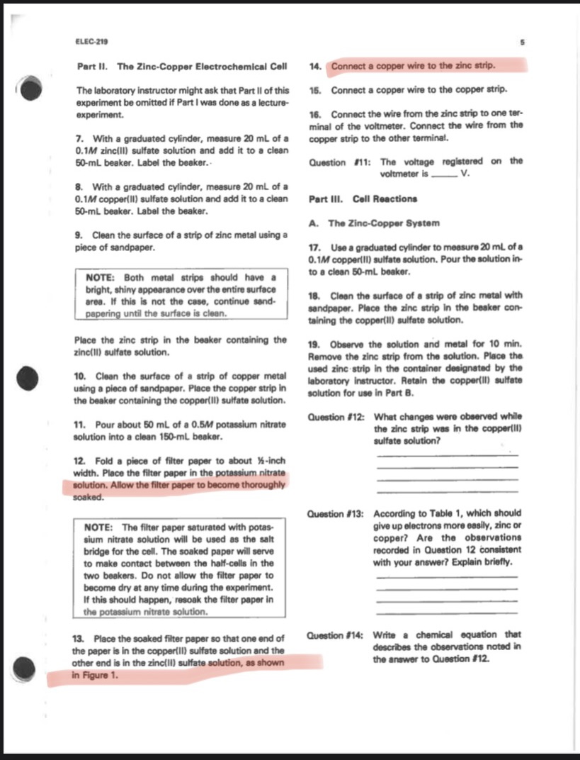 ELEC-219 5 Part II. The Zinc-Copper Electrochemical | Chegg.com