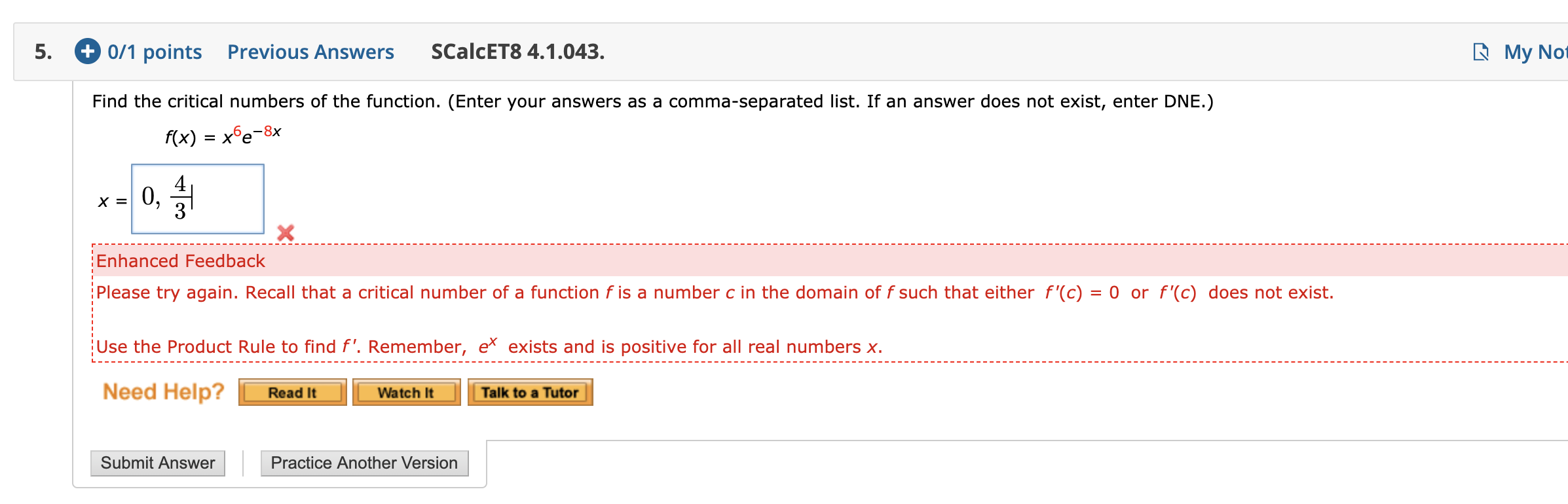 Solved 5. + 0/1 points Previous Answers SCalcET8 4.1.043. My | Chegg.com