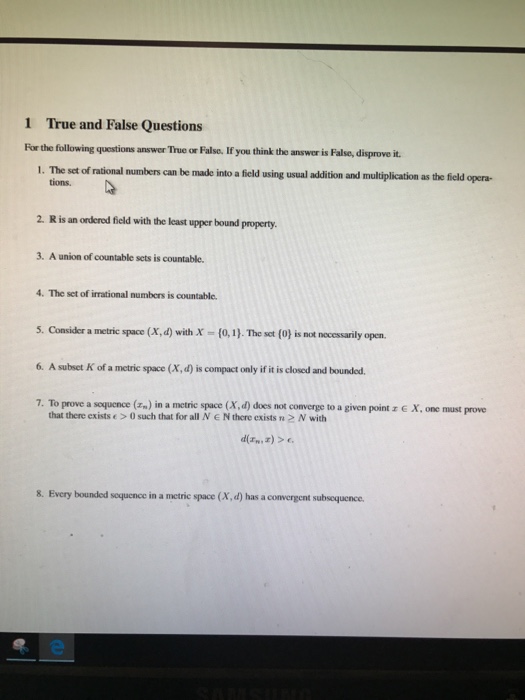 Solved 1 True and False Questions For the following | Chegg.com