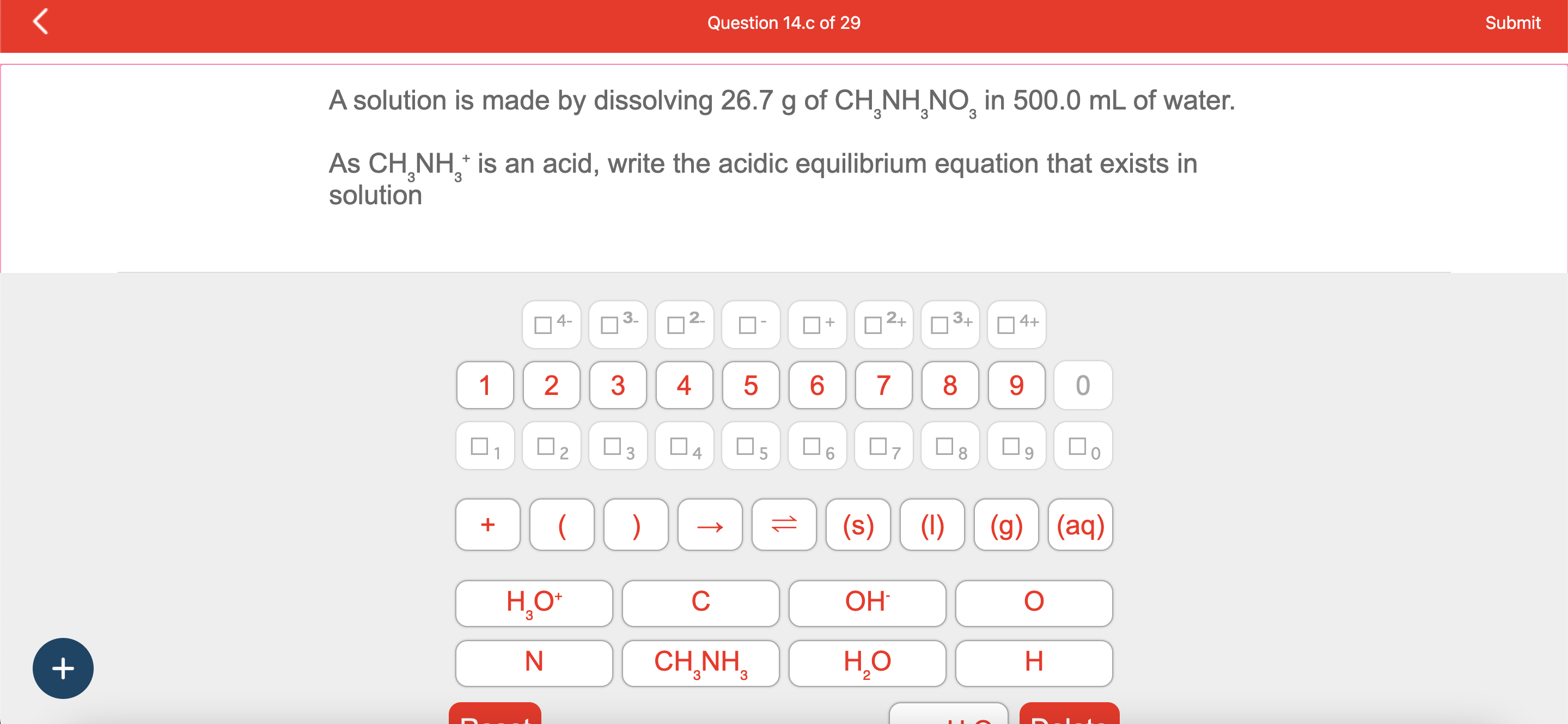 Solved A solution is made by dissolving 26.7 g of CH3NH3NO3 | Chegg.com