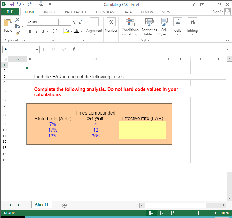 Solved Calculating EAR - Excel ? El 5 X FILE HOME INSERT | Chegg.com