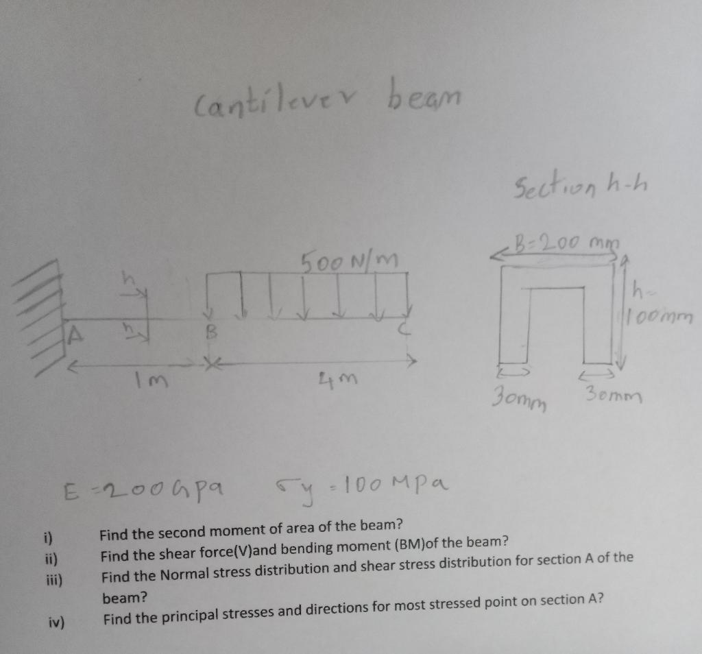 Solved Cantilever beam Section h-h B-200 mm 500N/m h. loomm | Chegg.com
