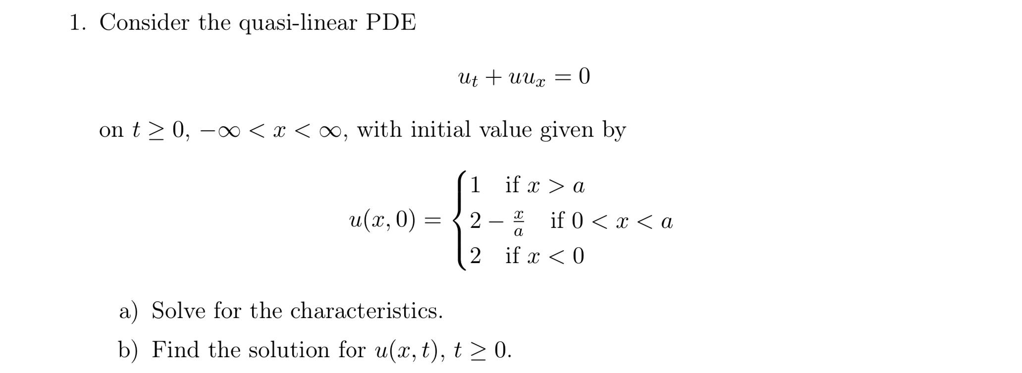 Solved 1. Consider the quasi-linear PDE Ut + Uux = 0 ont> 0, | Chegg.com