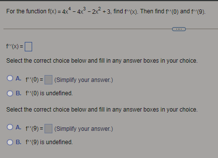 Solved For the function f(x)=4x4−4x3−2x2+3, find f′′(x). | Chegg.com
