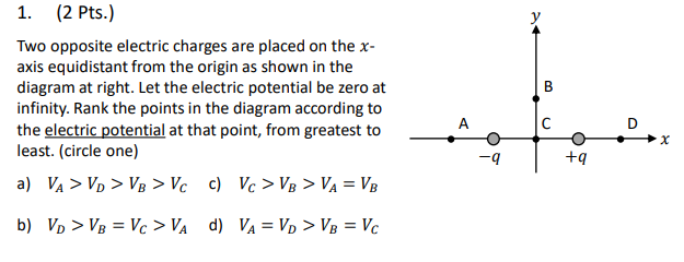 Solved 1. (2 Pts.) Two opposite electric charges are placed | Chegg.com