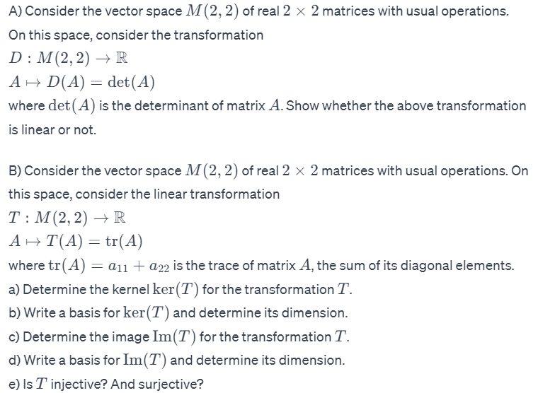 Solved A) Consider the vector space M(2,2) of real 2×2 | Chegg.com