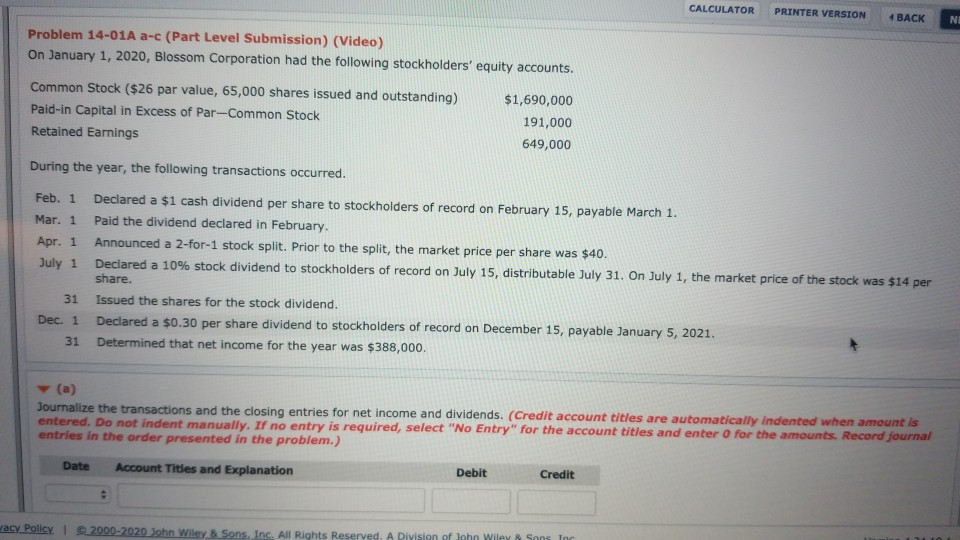 Solved CALCULATOR PRINTER VERSION BACK Problem 14-01A a-c | Chegg.com
