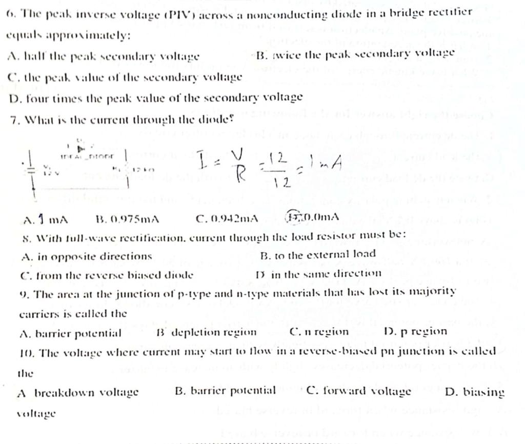 Solved 6. The peak inverse voltage (PIV) across a | Chegg.com