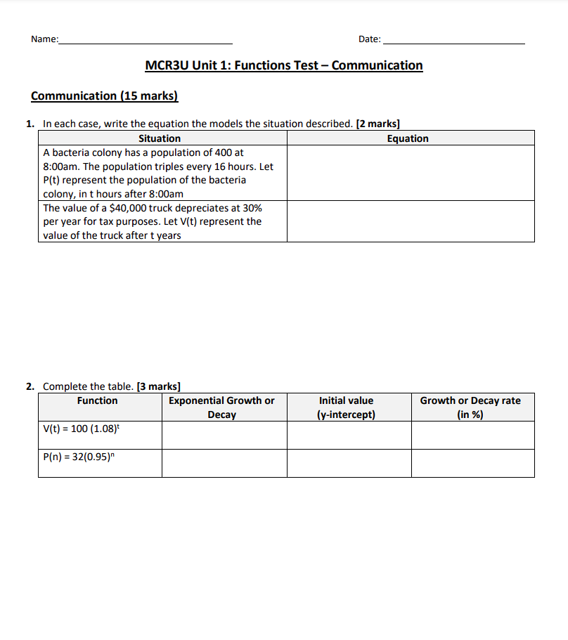 Solved Name Date Mcr3u Unit 1 Functions Test