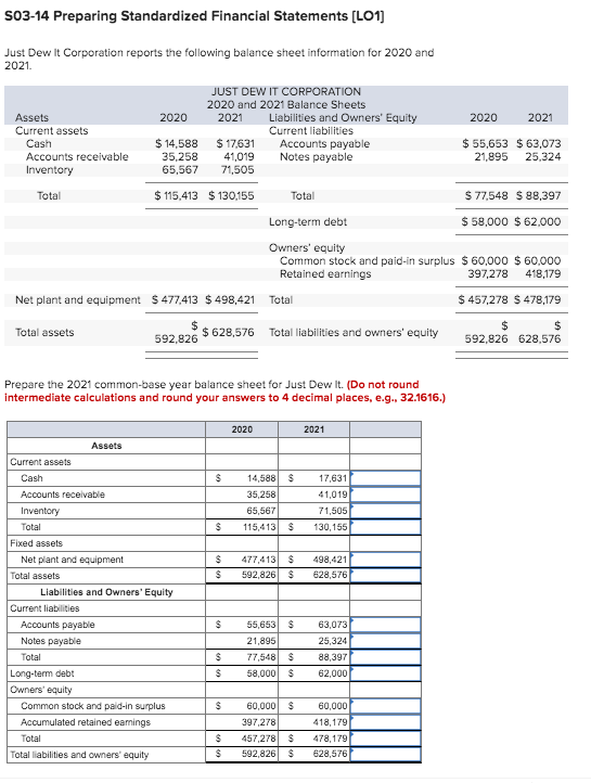 Solved S03-14 Preparing Standardized Financial Statements | Chegg.com
