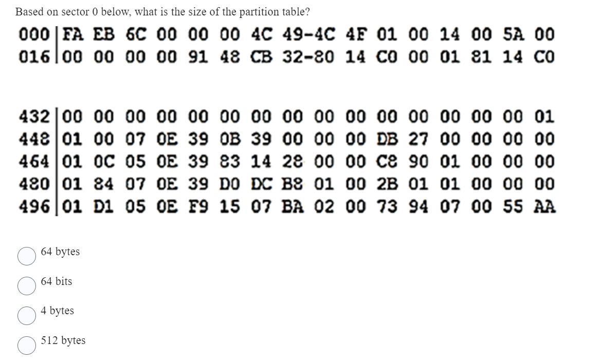 Solved Based on sector 0 below, what is the size of the | Chegg.com