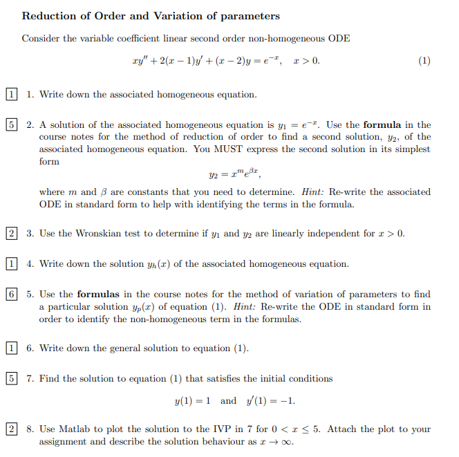 Solved Reduction of Order and Variation of parameters | Chegg.com