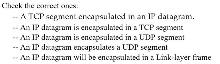 Solved Check the correct ones: -- A TCP segment encapsulated | Chegg.com