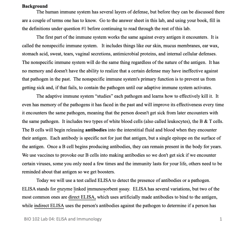 Solved ELISA Worksheet 1) Define the following terms dealing | Chegg.com