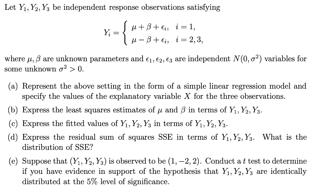 Solved Let Y1, Y2, Yz be independent response observations | Chegg.com