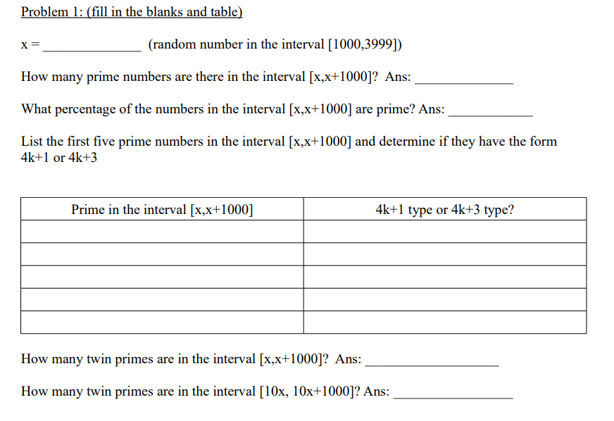 Solved Problem 1: (fill in the blanks and table) x= (random | Chegg.com