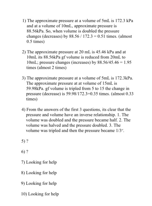 Solved DATA AND CALCULATIONS Volume mL) Pressure kPa) | Chegg.com