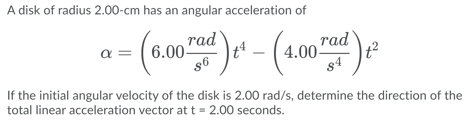 Solved A disk of radius 2.00-cm has an angular acceleration | Chegg.com