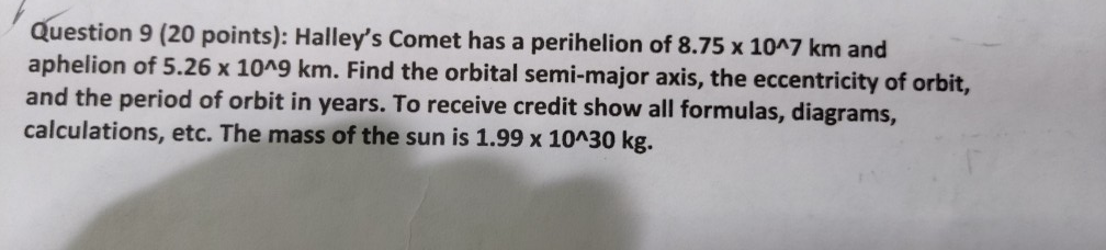 Solved Question 9 (20 points): Halley's Comet has a | Chegg.com Solved Question 9 (20 points): Halley's Comet has a | Chegg.com