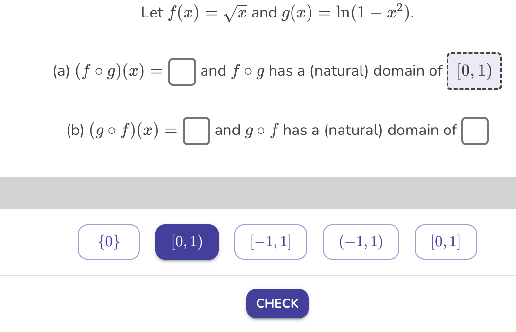 Solved Let f(x)=x and g(x)=ln(1−x2). (a) (f∘g)(x)= and f∘g | Chegg.com