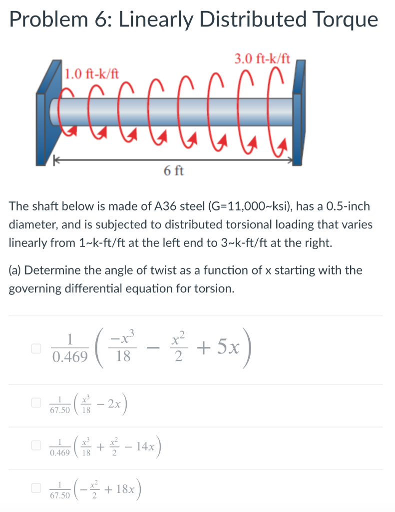 Solved Problem 6: Linearly Distributed Torque 3.0 ft-k/ft | Chegg.com