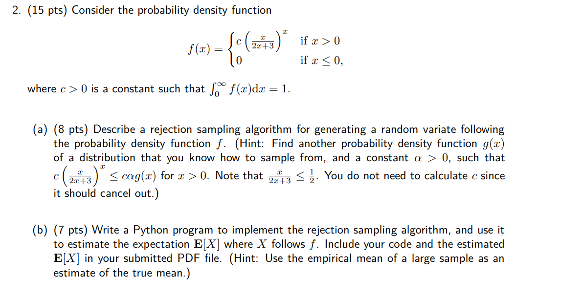 Solved 2. (15 pts) Consider the probability density function | Chegg.com