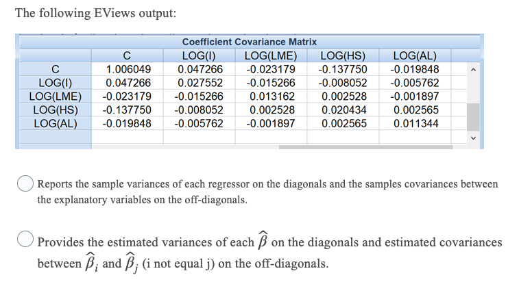 Solved The following EViews output: с LOG(1) LOG(LME) | Chegg.com