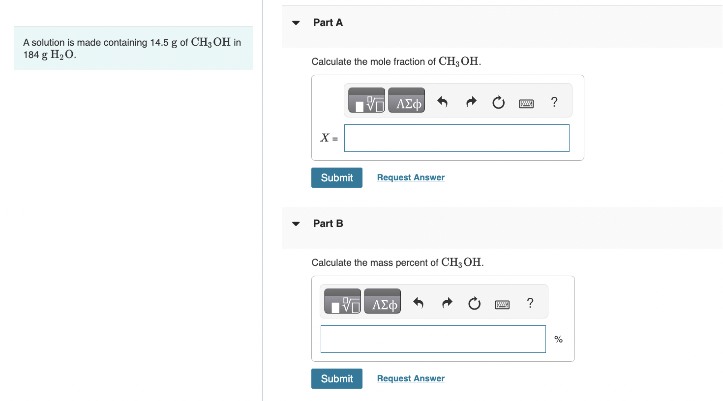Solved A solution is made containing 14.5 g of CH3OH in 184 | Chegg.com