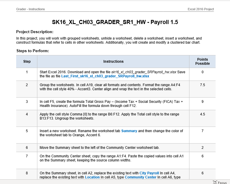 Grader - Instructions Excel 2016 Project Step | Chegg.com