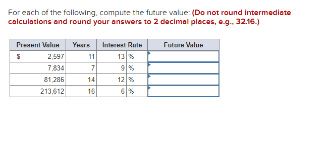 Solved For each of the following, compute the future value: | Chegg.com