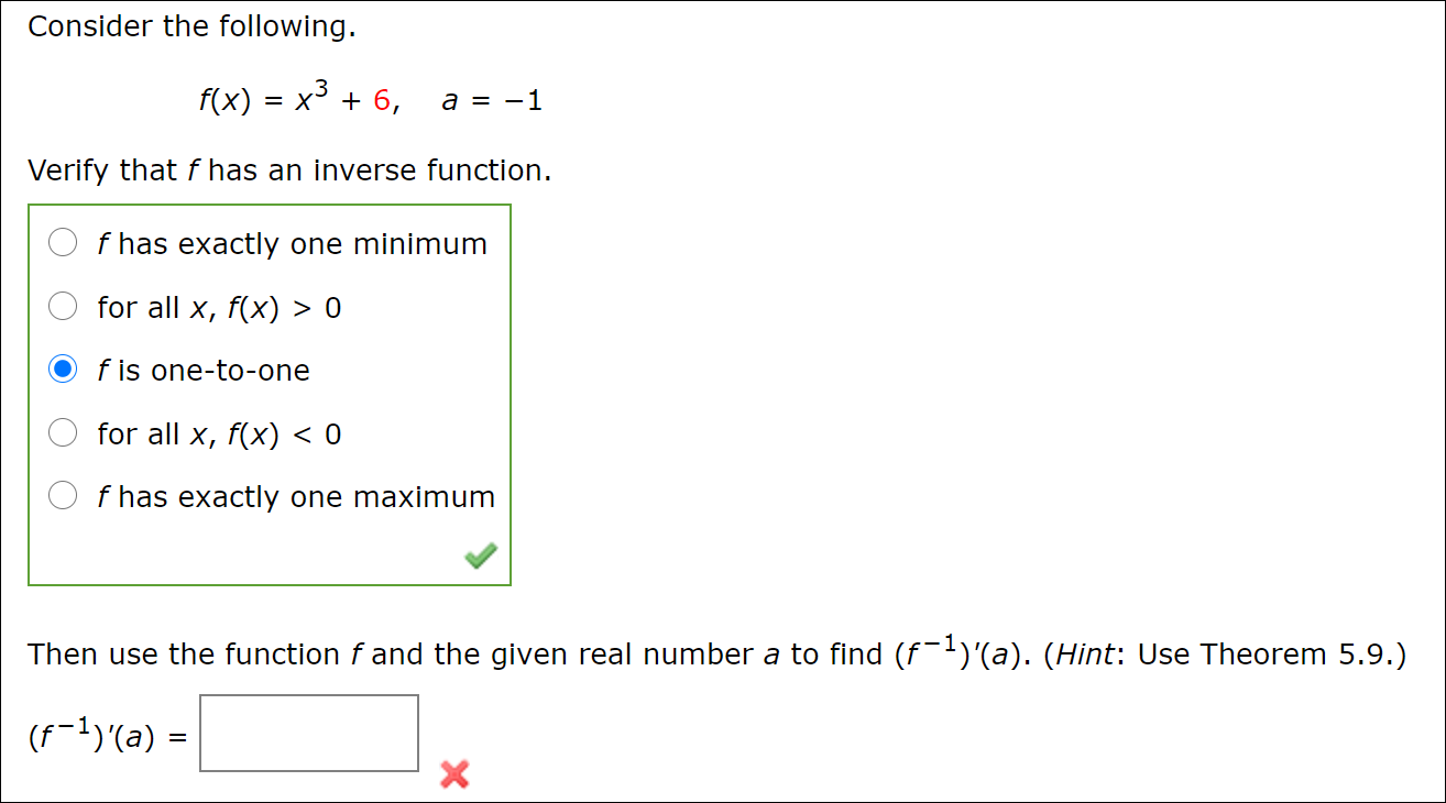 Solved Consider the following. f(x) = x3 + 6, a = -1 Verify | Chegg.com
