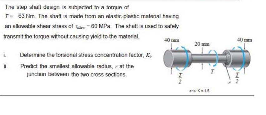 Solved The step shaft design is subjected to a torque of I= | Chegg.com