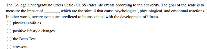 Solved The College Undergraduate Stress Scale (CUSS) ﻿rates | Chegg.com