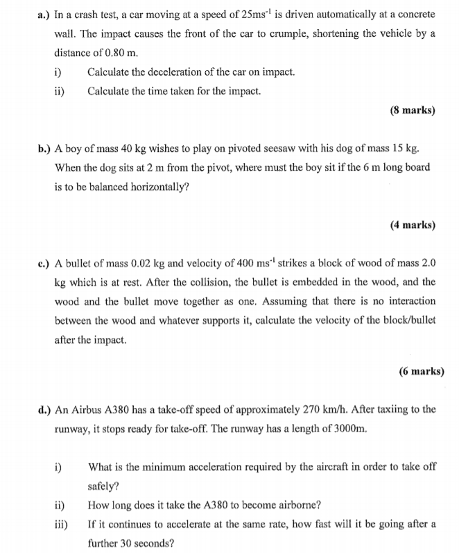 Solved a.) In a crash test, a car moving at a speed of | Chegg.com