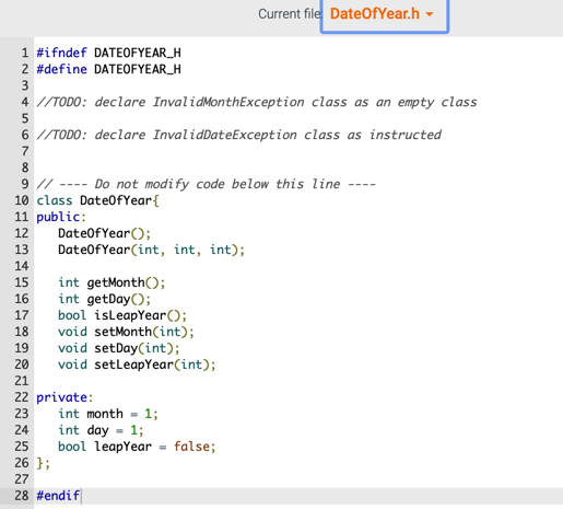 Solved DateOfYear.h Declare two exception classes: • | Chegg.com