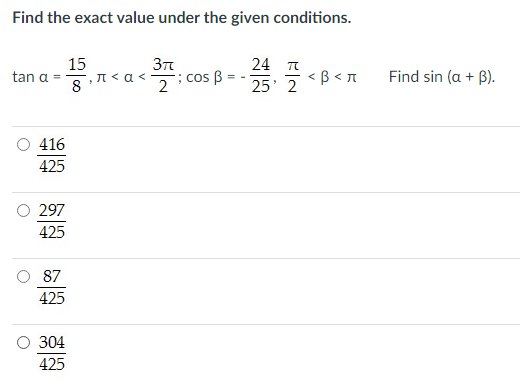Solved Find the exact value under the given conditions. | Chegg.com