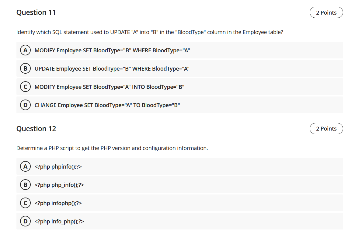 Solved Question 11 2 Points Identify which SQL statement | Chegg.com