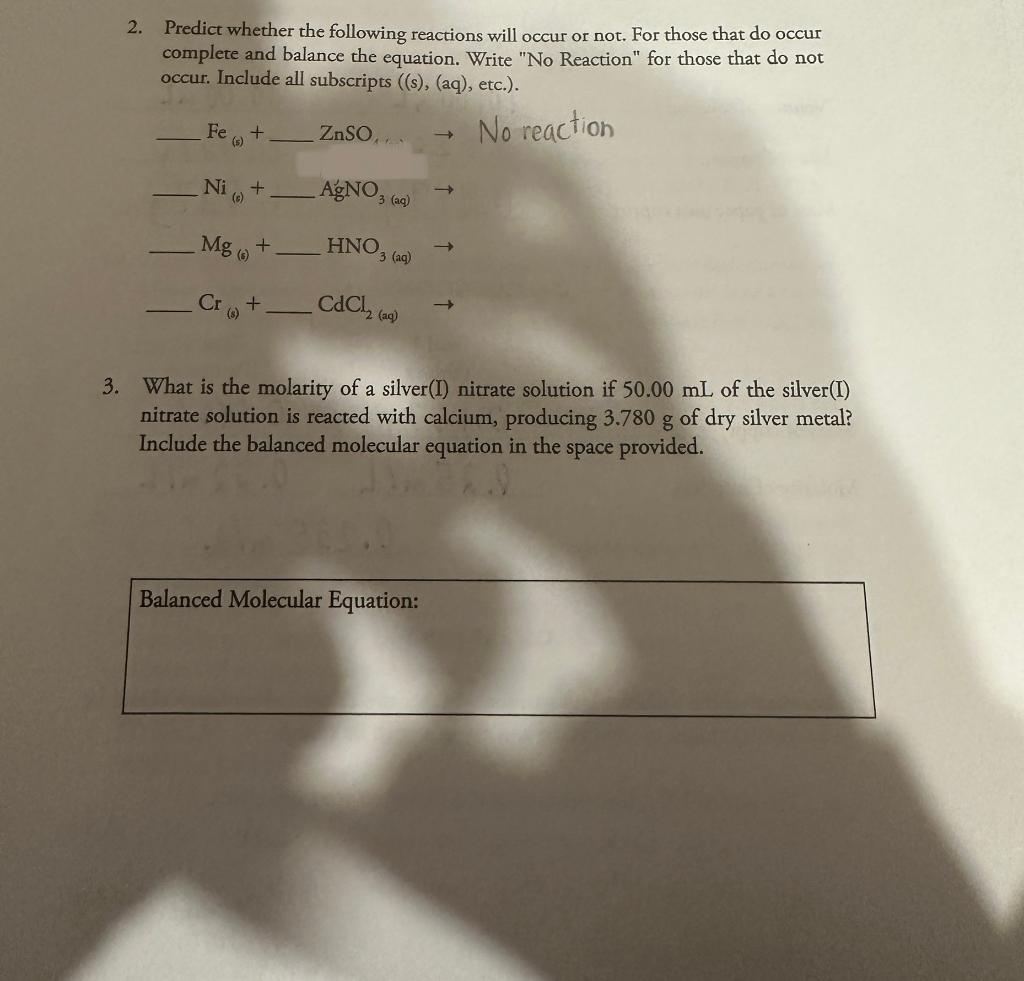Solved 2. Predict whether the following reactions will occur | Chegg.com
