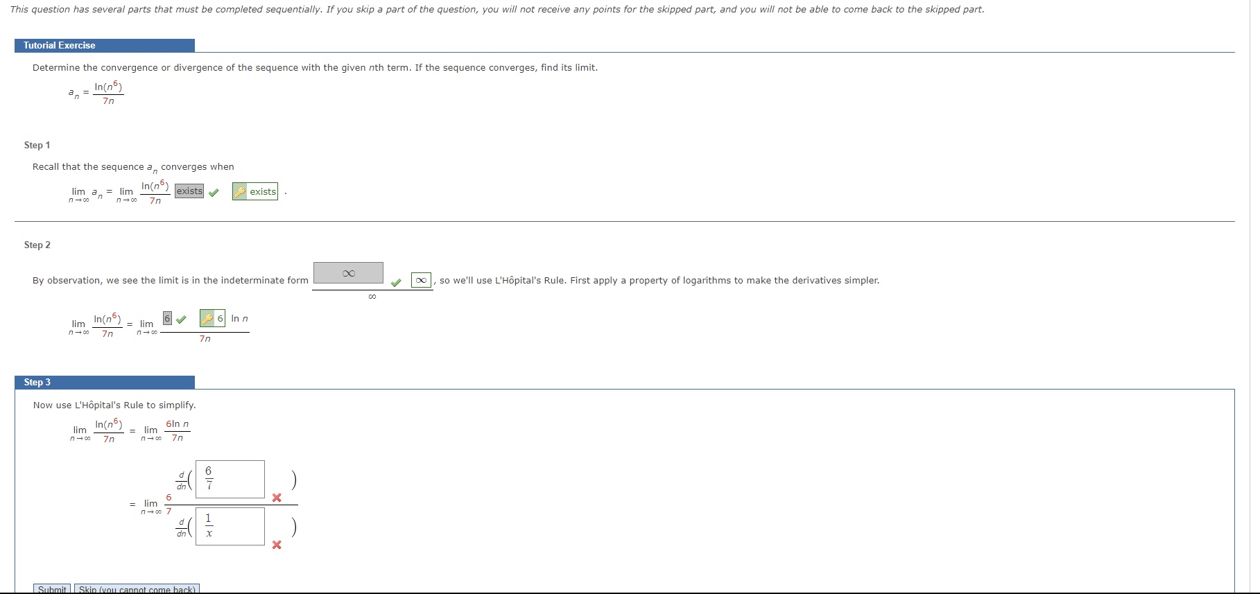 Solved an=7nln(n6) Step 1 Recall that the sequence an | Chegg.com