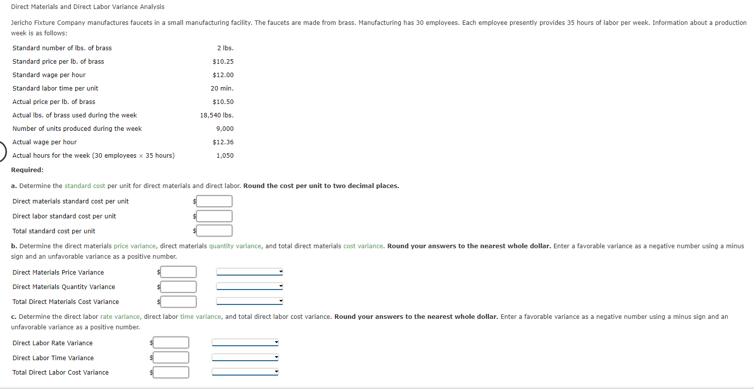 Solved Direct Materials And Direct Labor Variance Chegg