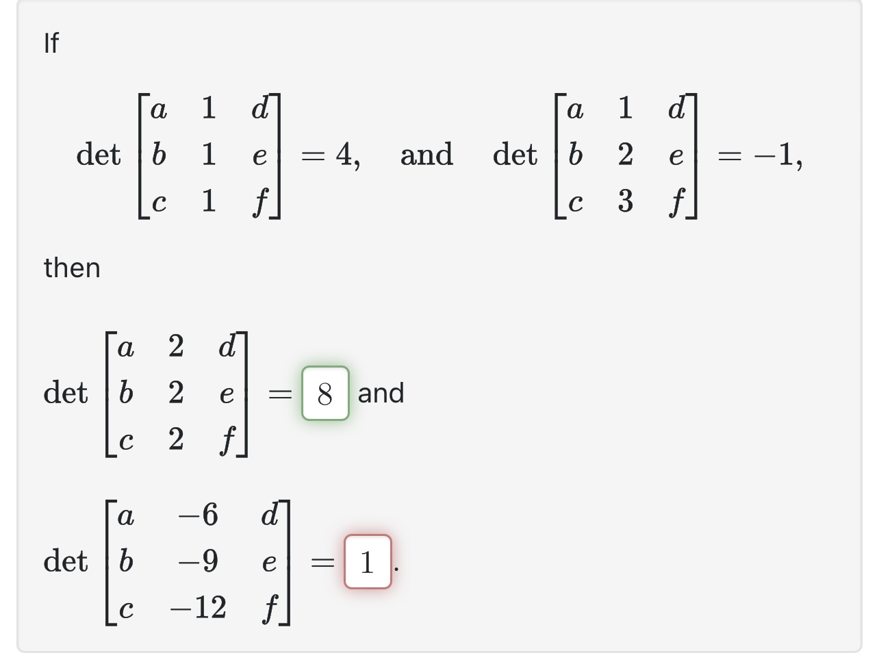 If ﻿q,det[a1d1e1f]ccb=4, ﻿and det[a1d2e3f]cb=-1, | Chegg.com