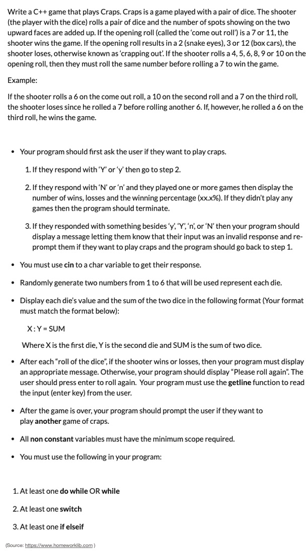 Solved Write A C Game That Plays Craps Craps Is A Game 