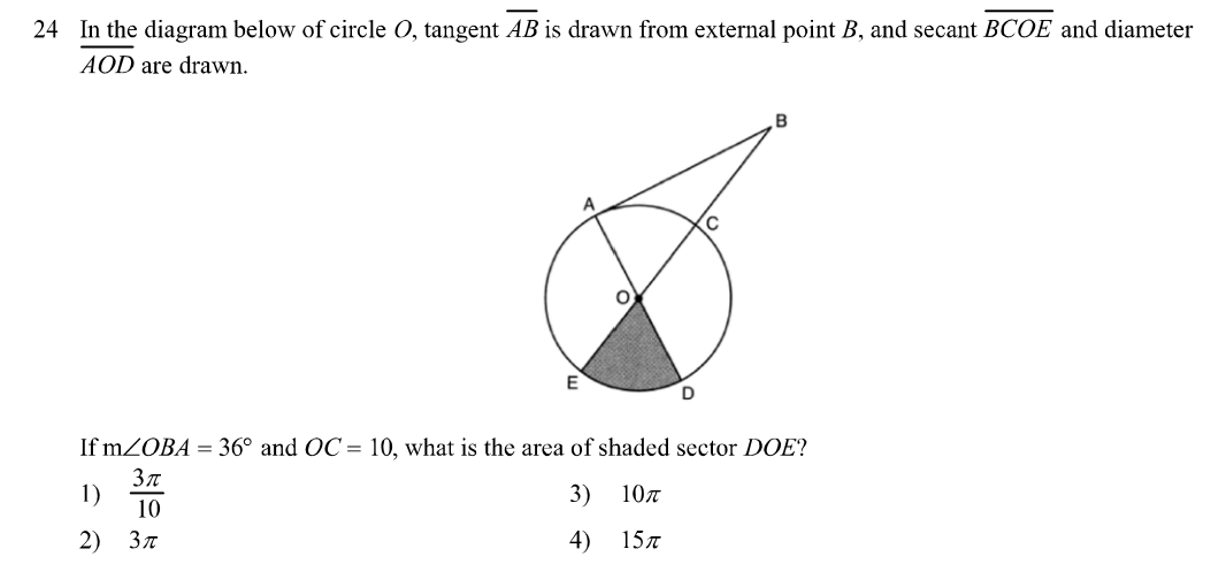 [Solved]: 24 In the diagram below of circle O, tangent AB